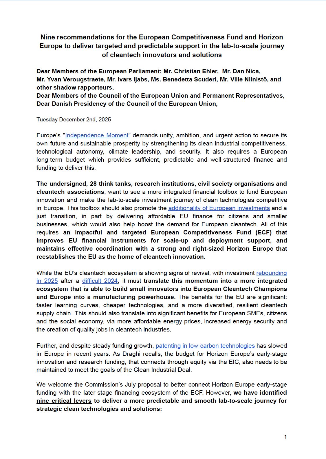 Joint letter and recommendations for European Competitiveness Fund and ...